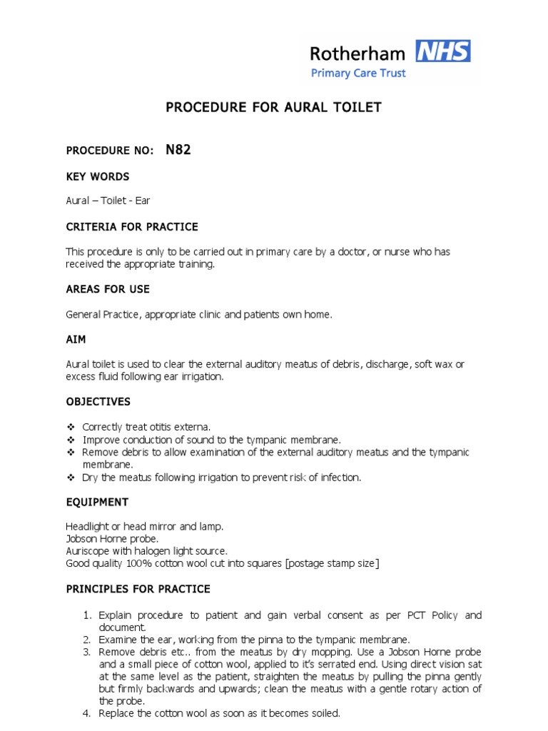 Aural Toilet Procedure Guidelines | PDF | Nursing | Patient