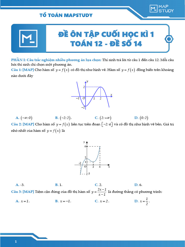 Đề ôn tập Học kỳ 1 - Môn Toán 12 - Đề 14 | PDF