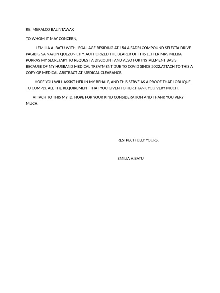 Request for MERALCO Discount Assistance | PDF