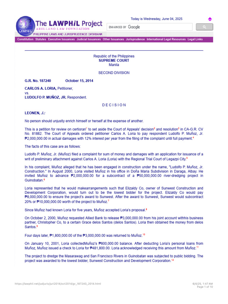 "CARLOS A. LORIA, Petitioner, vs. LUDOLFO P. MUÑOZ, JR. Respondent ...