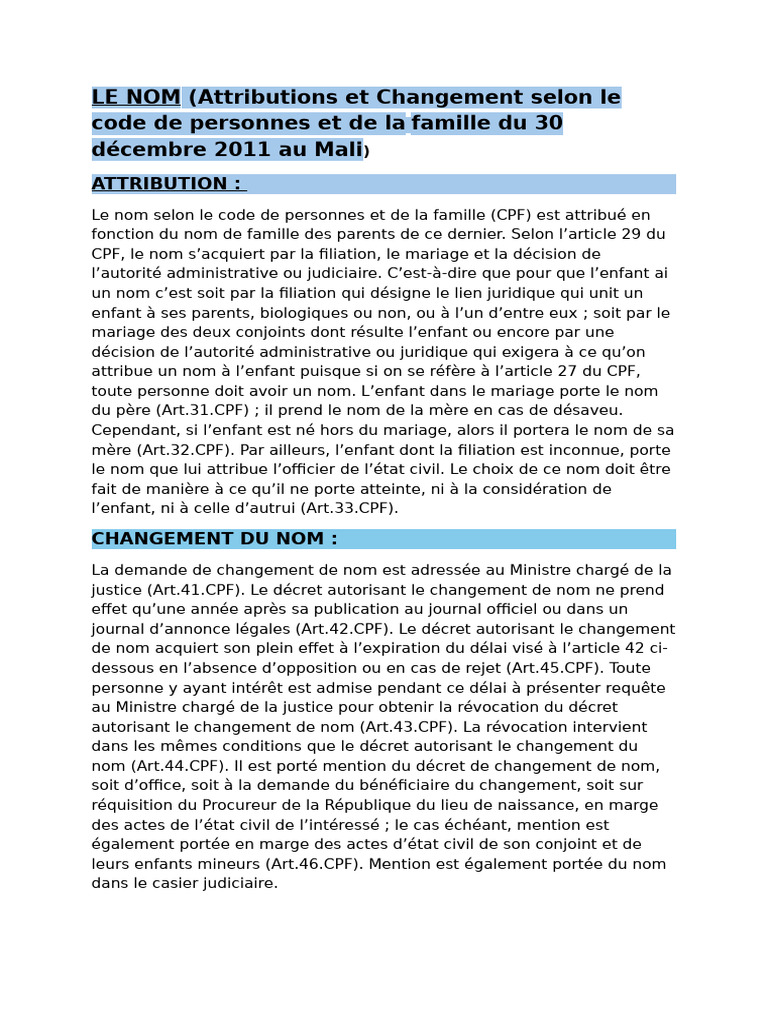 Attribution et changement de nom au Mali | PDF
