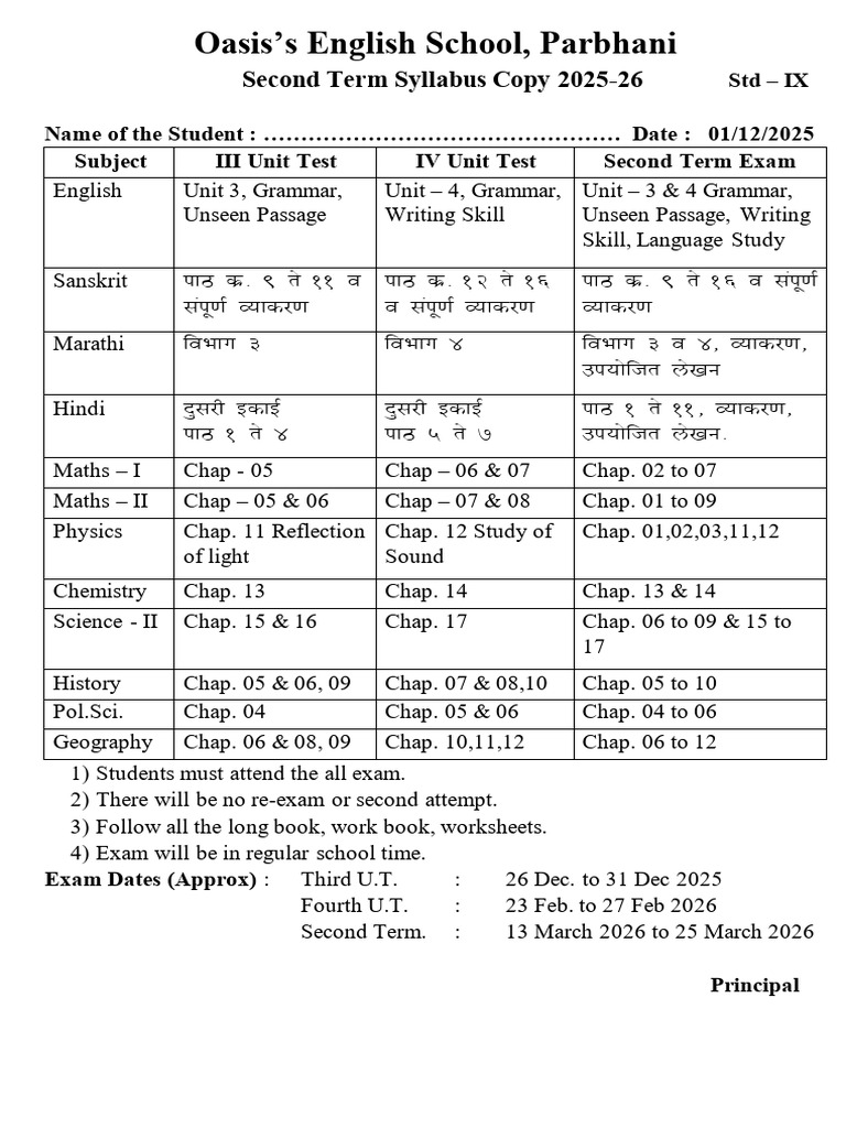 Oasis English School Std IX Syllabus 2025-26 | PDF