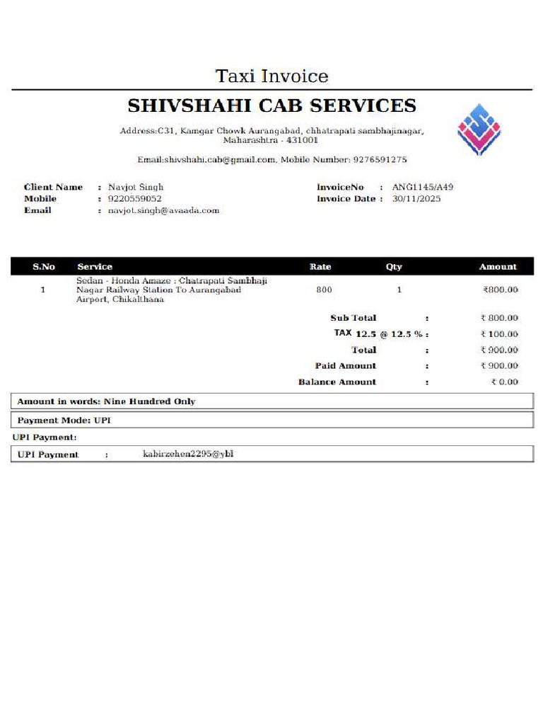 Bill of Cab With Reciept From Aurangabad To Airport | PDF