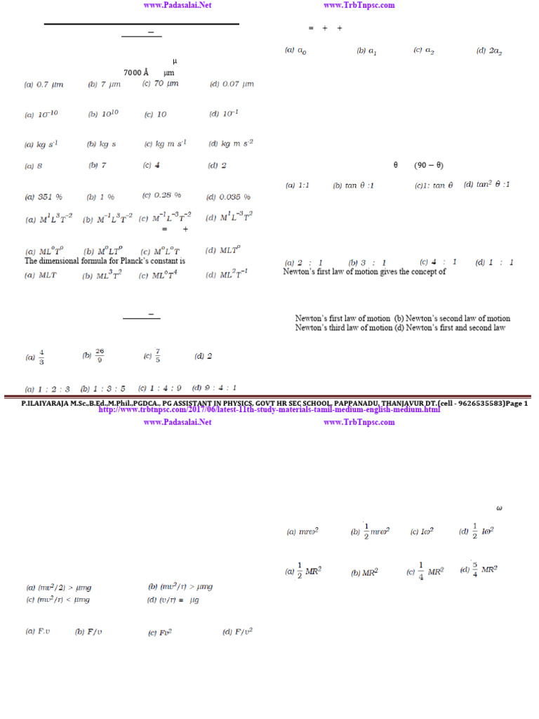 11th Physics Book Back One Word Questions em | PDF | Rotation Around A ...