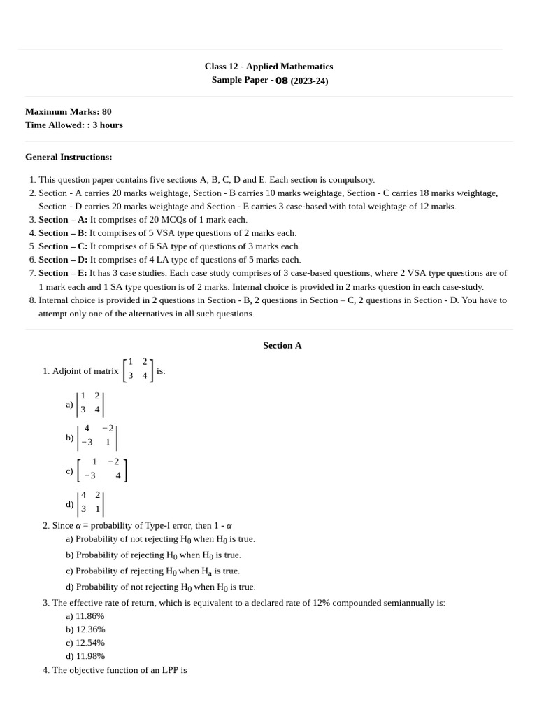 Sample Paper 8 Applied Maths 12 | PDF | Present Value