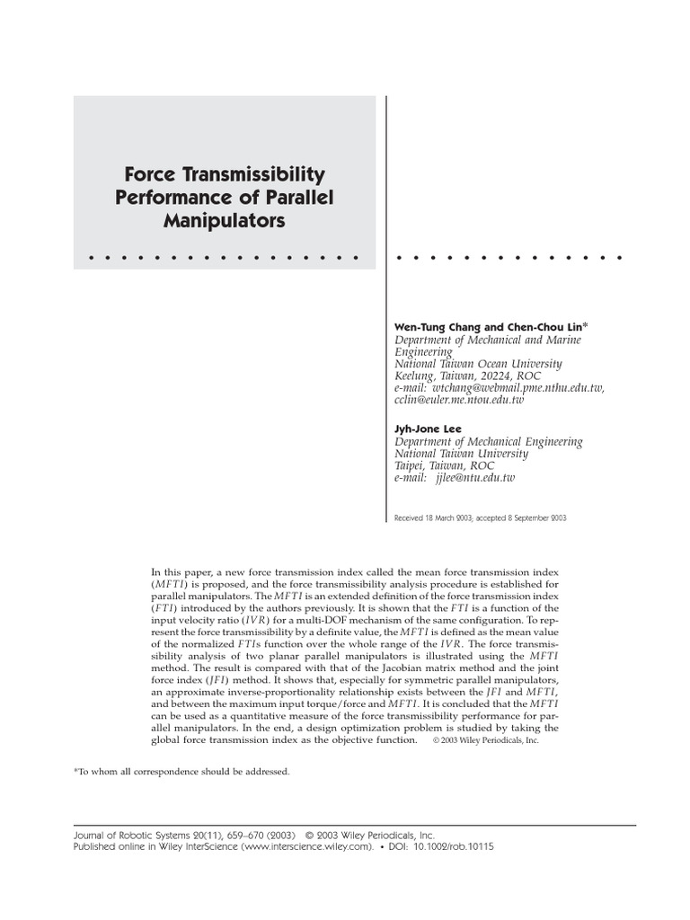 Mean Force Transmission Index for Manipulators | PDF | Force | Kinematics