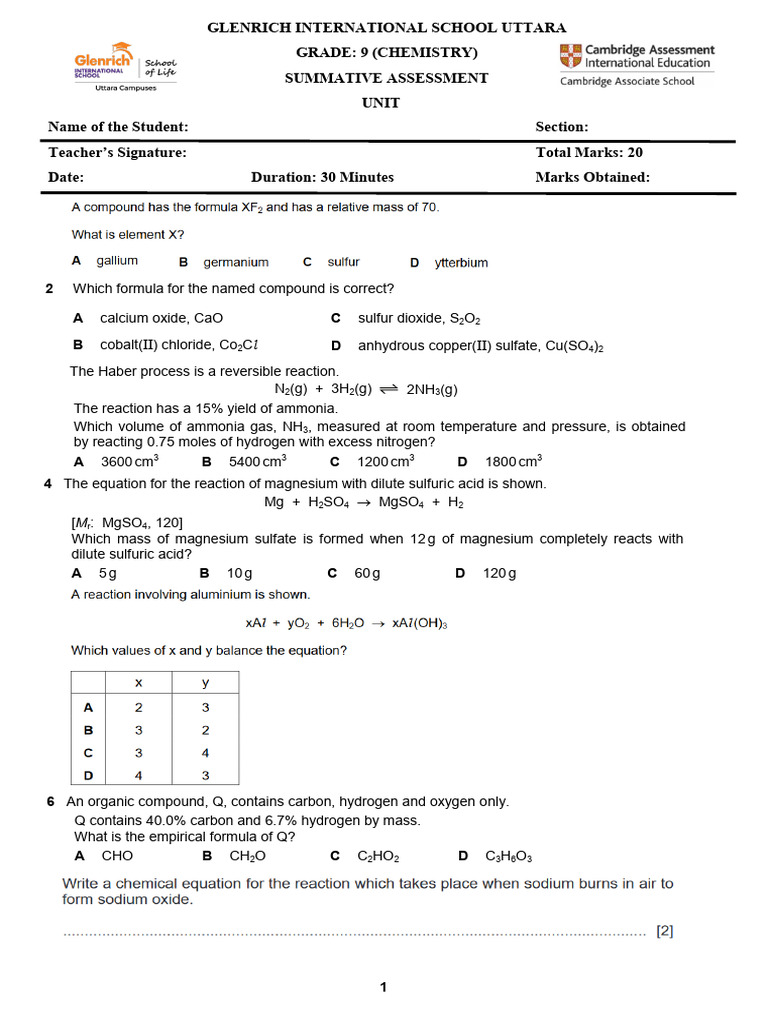 Unit 6 Summative Assessment | PDF | Magnesium | Ammonia