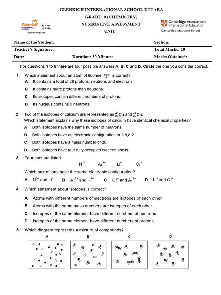 Fluorine and Isotopes in Chemistry Assessment | PDF | Isotope | Atoms