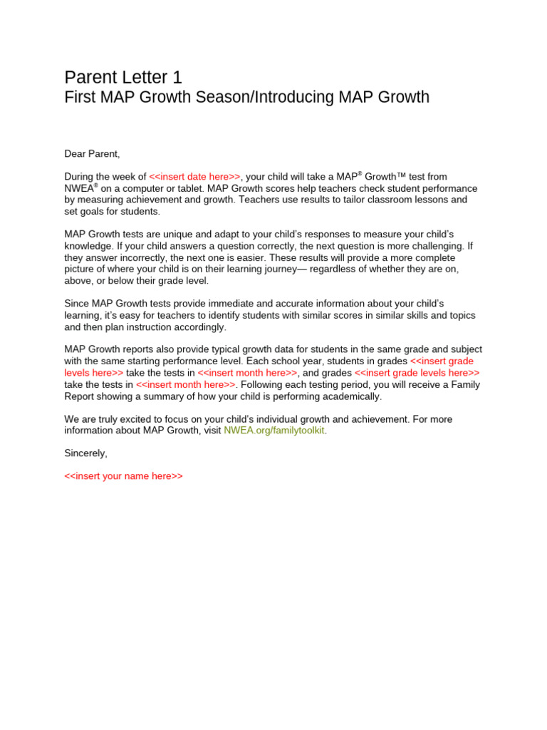 SampleParentLetterOne IntroducingMAPGrowth August 2023 | PDF