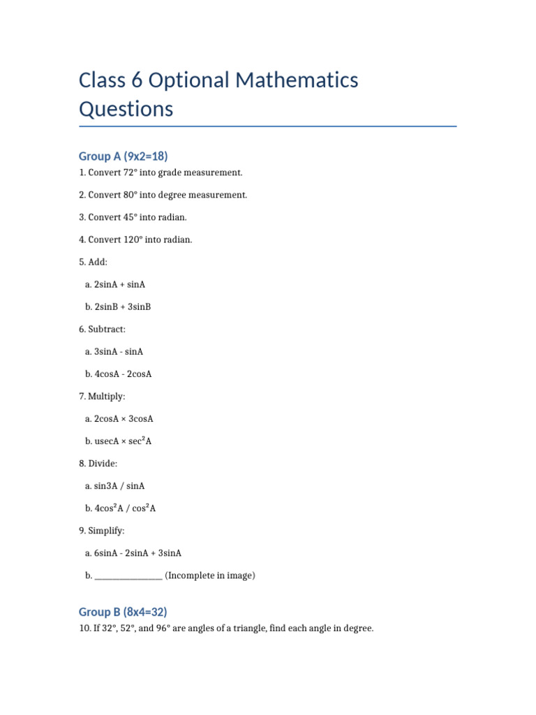 Class 6 Math: Angle Conversion & Trigonometry | PDF