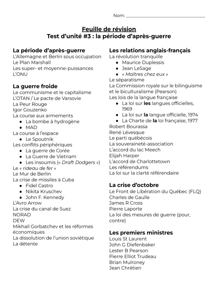 Révision : Période d'après-guerre et guerre froide | PDF | Pierre ...