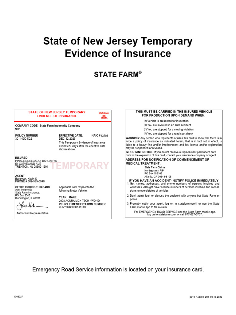 NJ Temporary Insurance Card Details | PDF