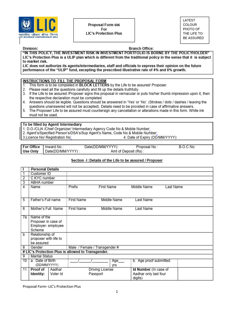 LIC Protection Plus Proposal Form | PDF | Insurance