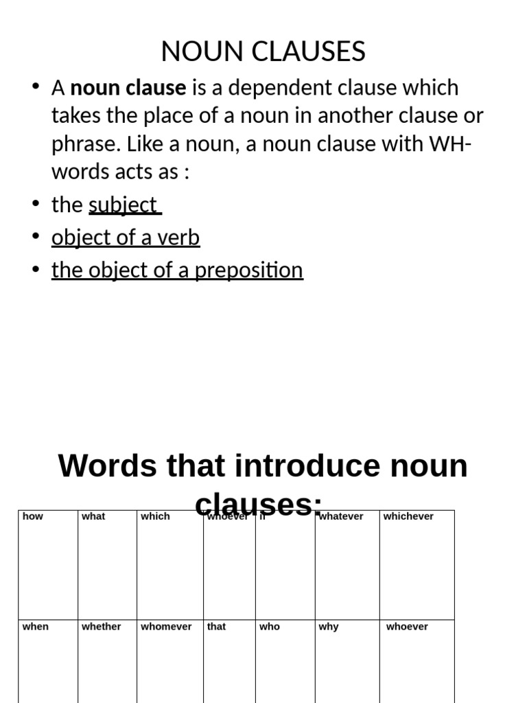 Noun Clauses PPT | PDF | Clause | Subject (Grammar)