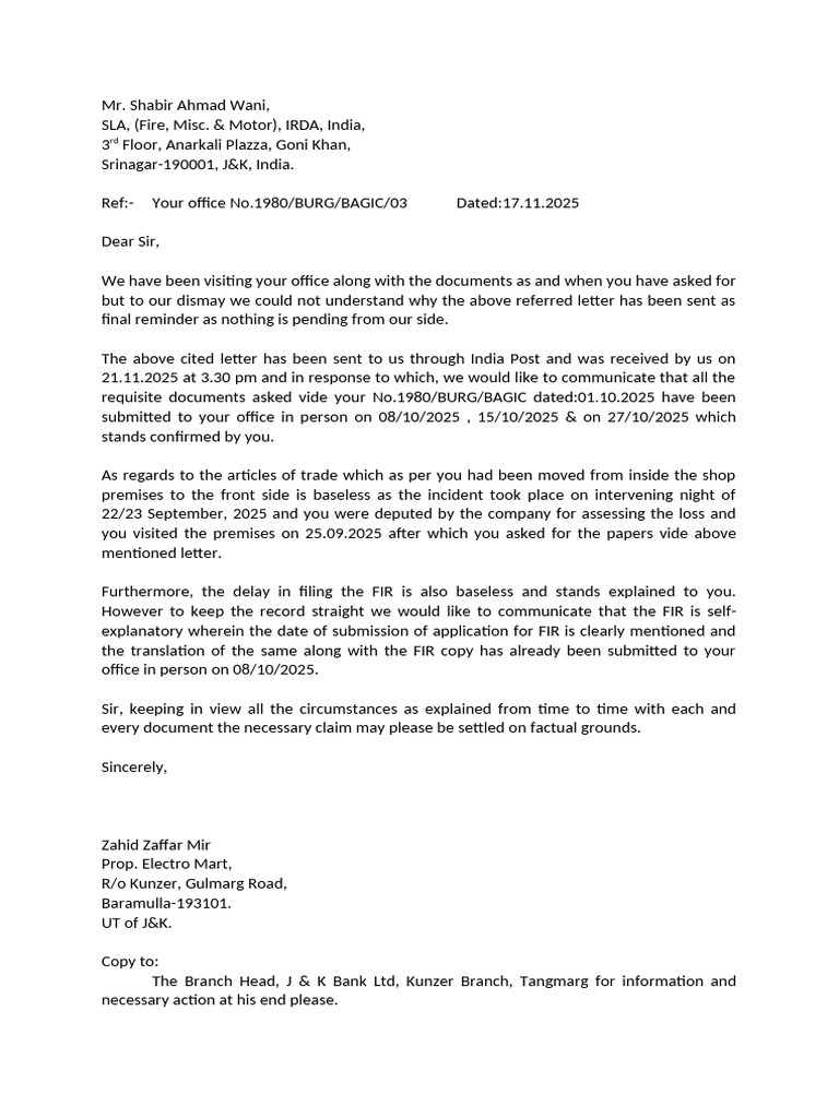 Response to Final Reminder from IRDA | PDF