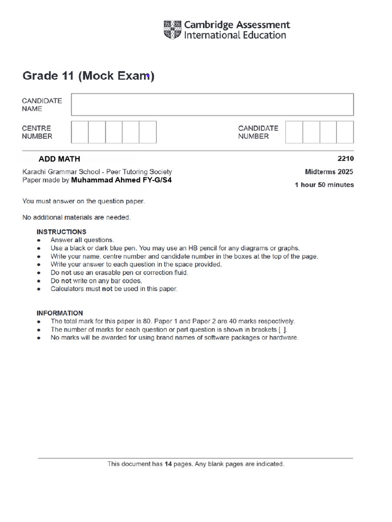 Additional Mathematics Grade 11 QP SOLVED | PDF