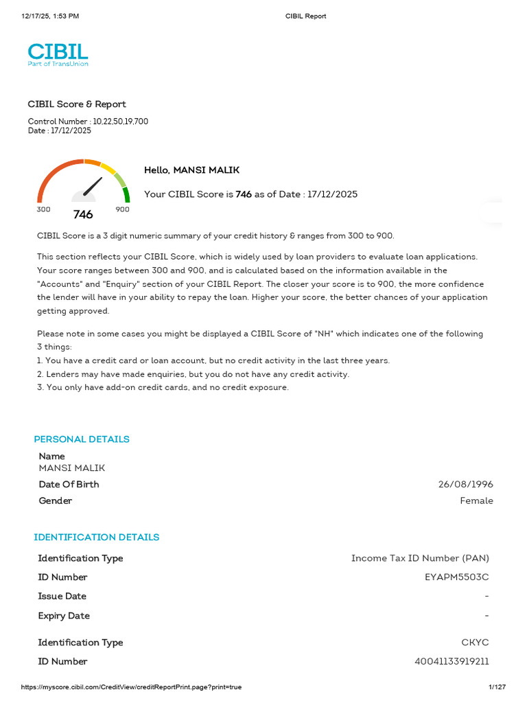 CIBIL Report Mansi | PDF | Line Of Credit | Credit