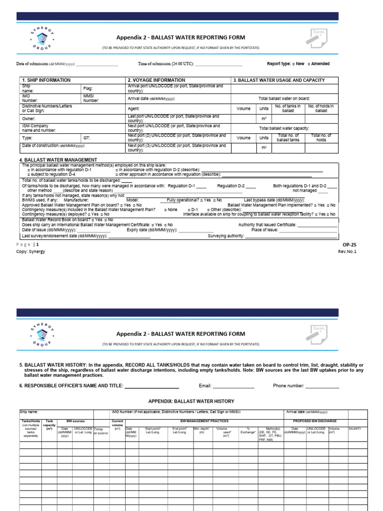 OP-25 Ballast Water Reporting Form | PDF | Water Transport | Shipping