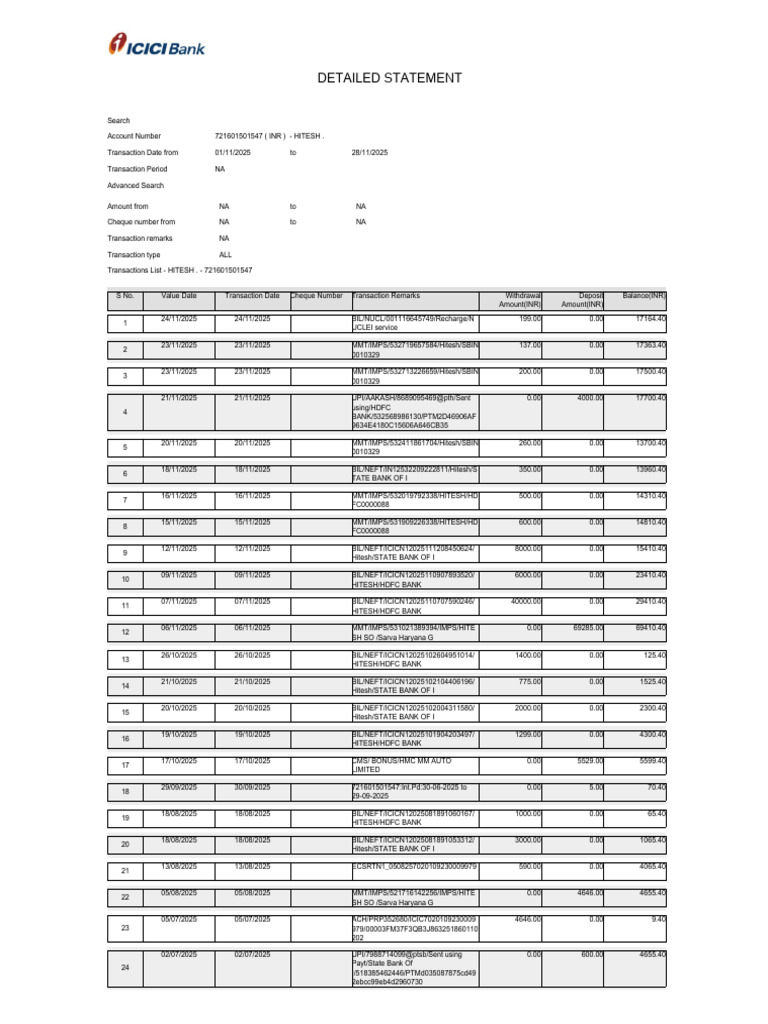 Hitesh's Detailed Account Statement | PDF | Payments | Banking