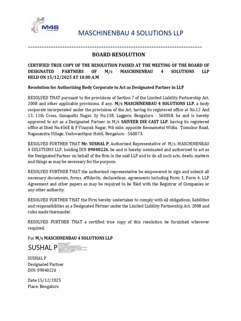 Board Resolution for Designated Partner | PDF | Limited Liability ...