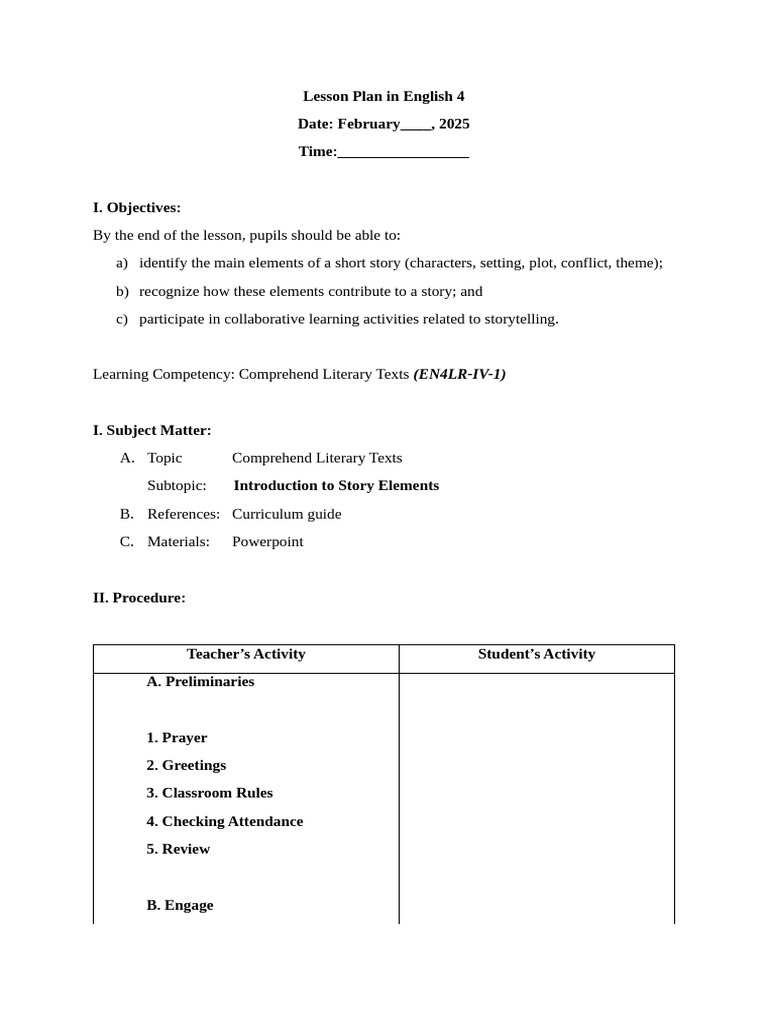 Teaching Story Elements in English 4 | PDF