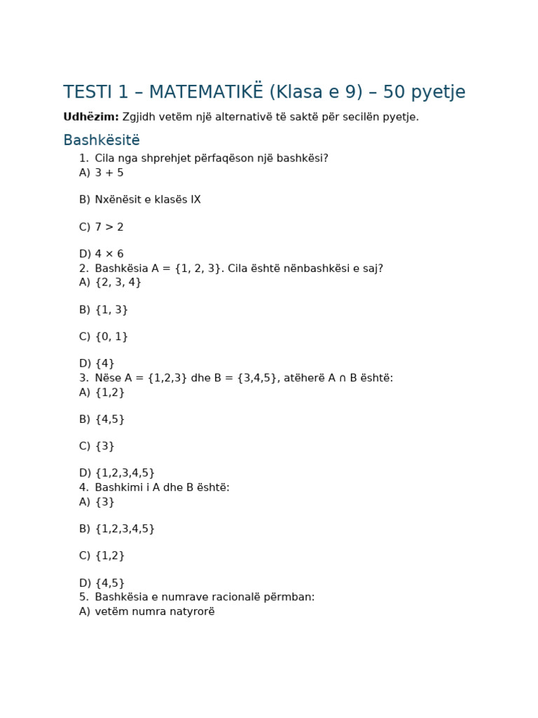 Teste Matematike - Klasa E 9 (100 Pyetje) | PDF