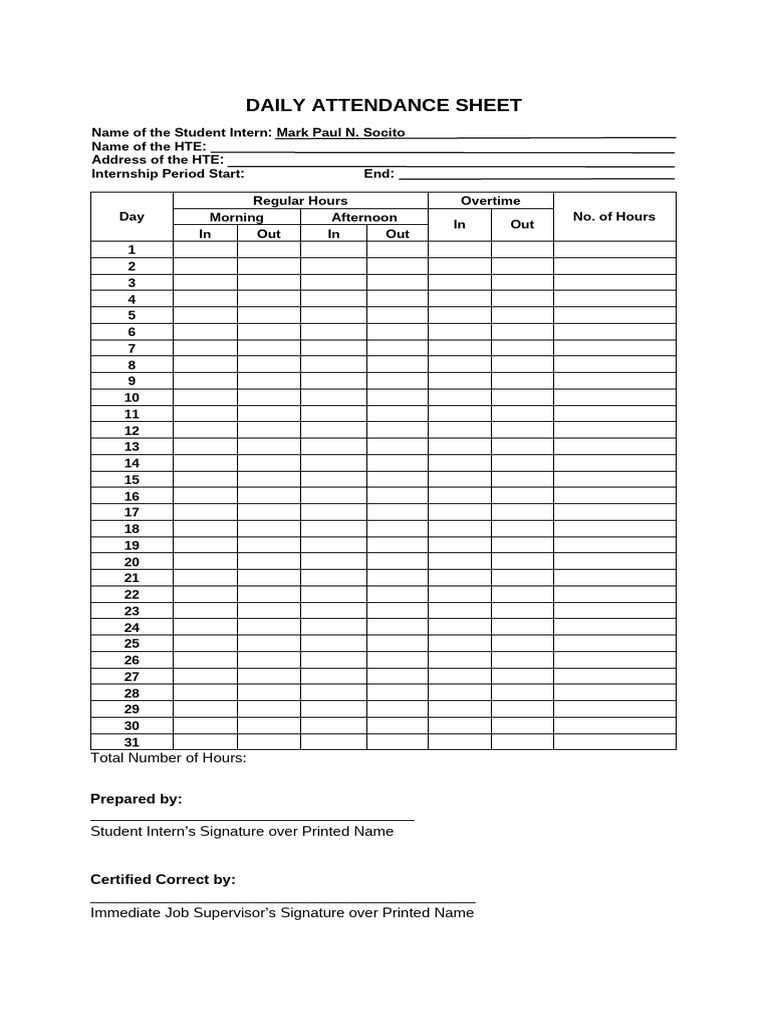 Daily Attendance Sheet Template | PDF