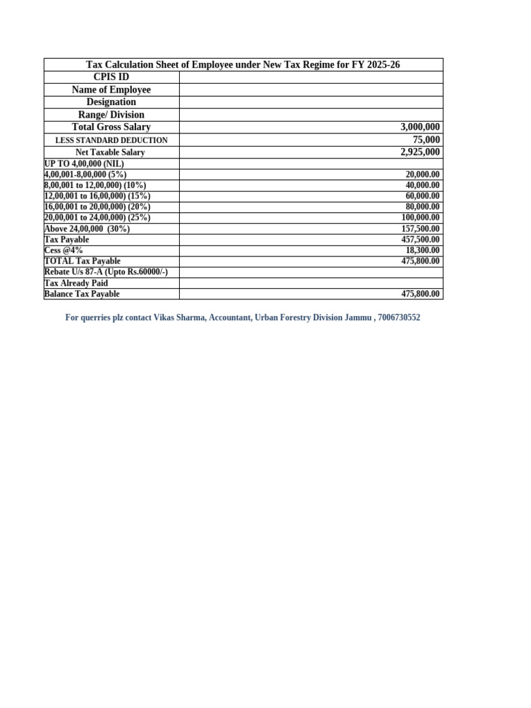 Employee Tax Calculation FY 2025-26 | PDF