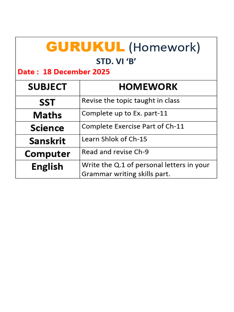 STD VI B Homework Assignments | PDF