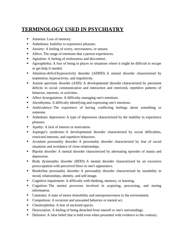 Key Psychiatry Terminology Explained | PDF | Mental Disorder | Major ...