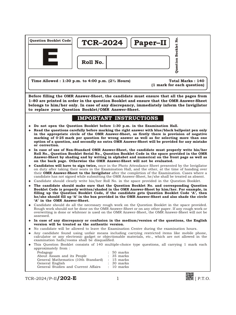 Paper II Question Booklet Pii Tcr2024 Set-e | PDF