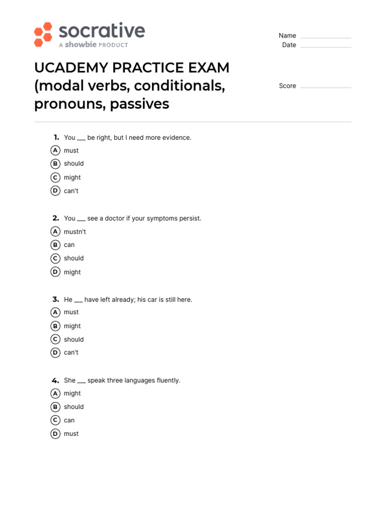 Quiz - UCADEMY PRACTICE EXAM (Modal Verbs Conditionals Pronouns ...