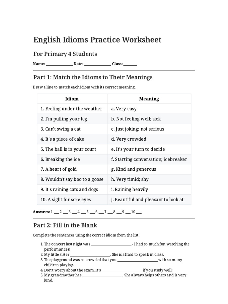 English Idioms Practice for Kids | PDF