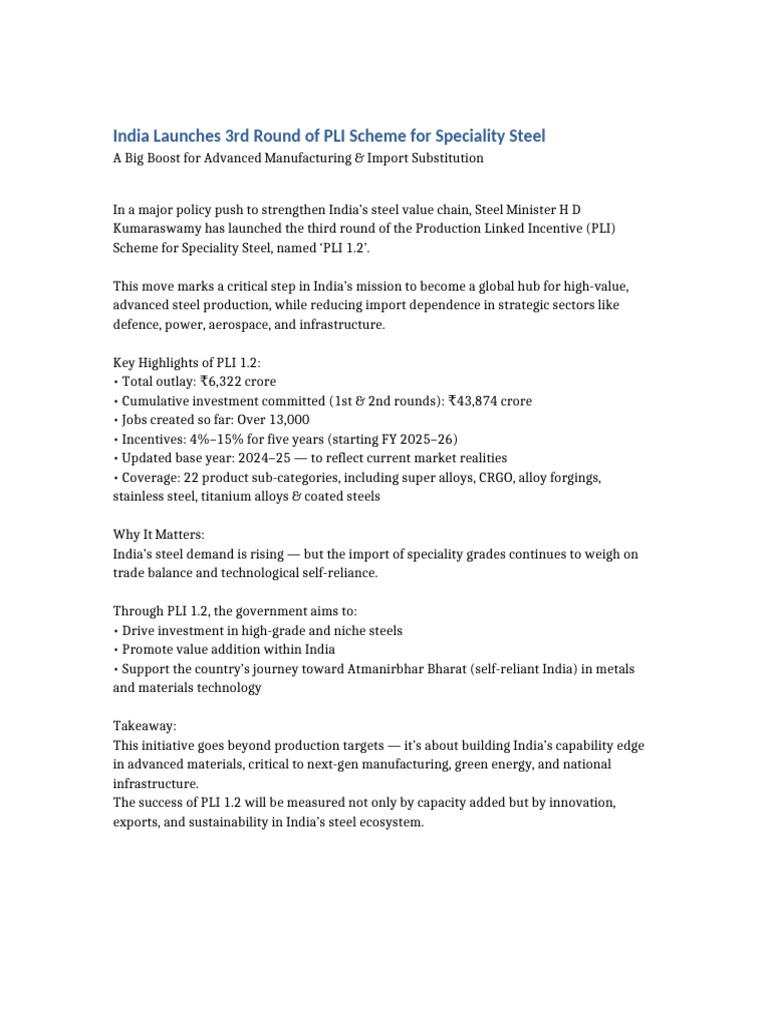 PLI Scheme For Speciality Steel | PDF