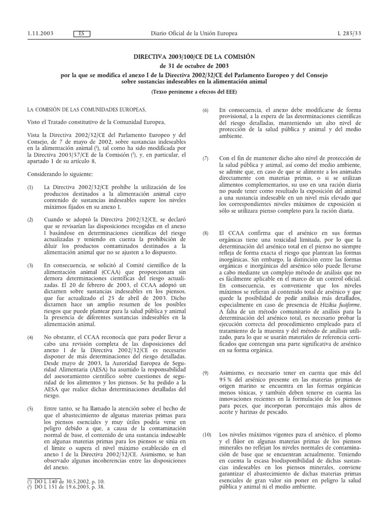 Modificación de la Directiva 2002/32/CE | PDF | Arsénico | La ...
