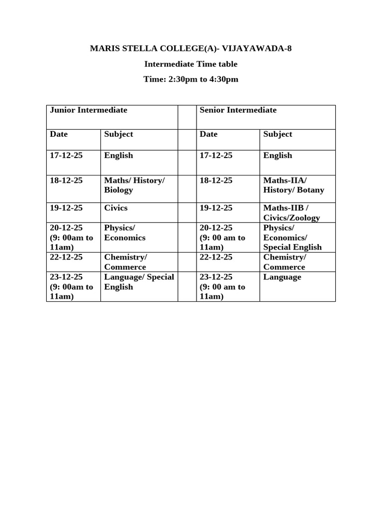 Maris Stella College Intermediate Timetable | PDF