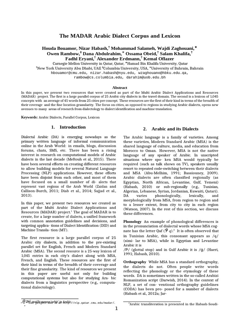 Madar Arabic Project | PDF | Lexicology | Human Communication