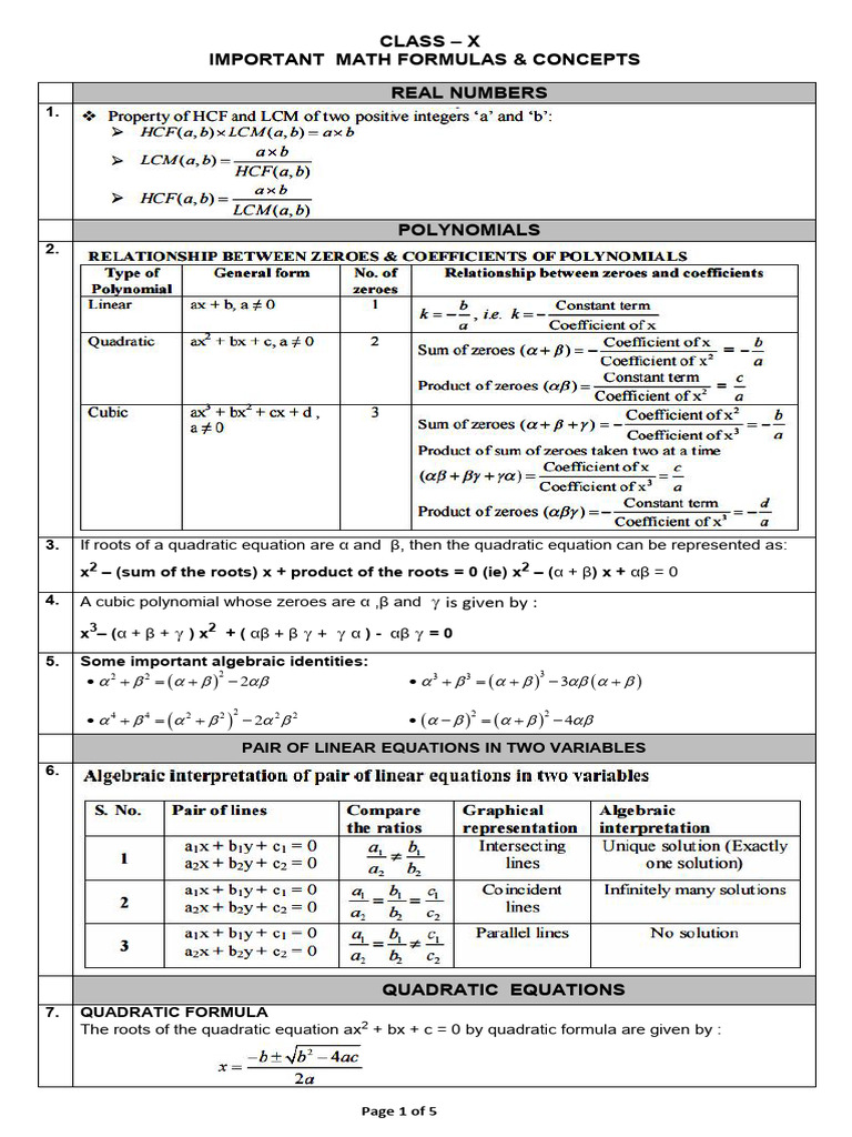 Essential Math Formulas for Class X | PDF | Area | Quadratic Equation