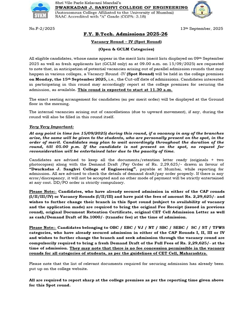 Vacancy Round - IV (Spot Round)_ Instructions | PDF
