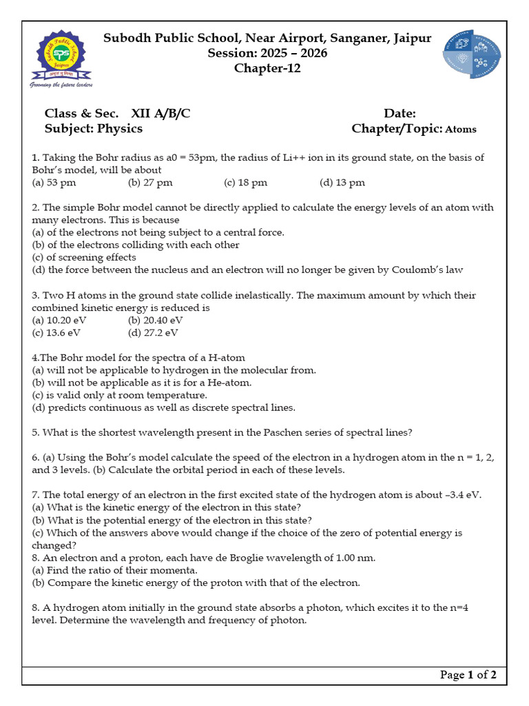 Xii Chapter 12 Worksheet Lokesh 2025-26 | PDF | Electron | Atoms