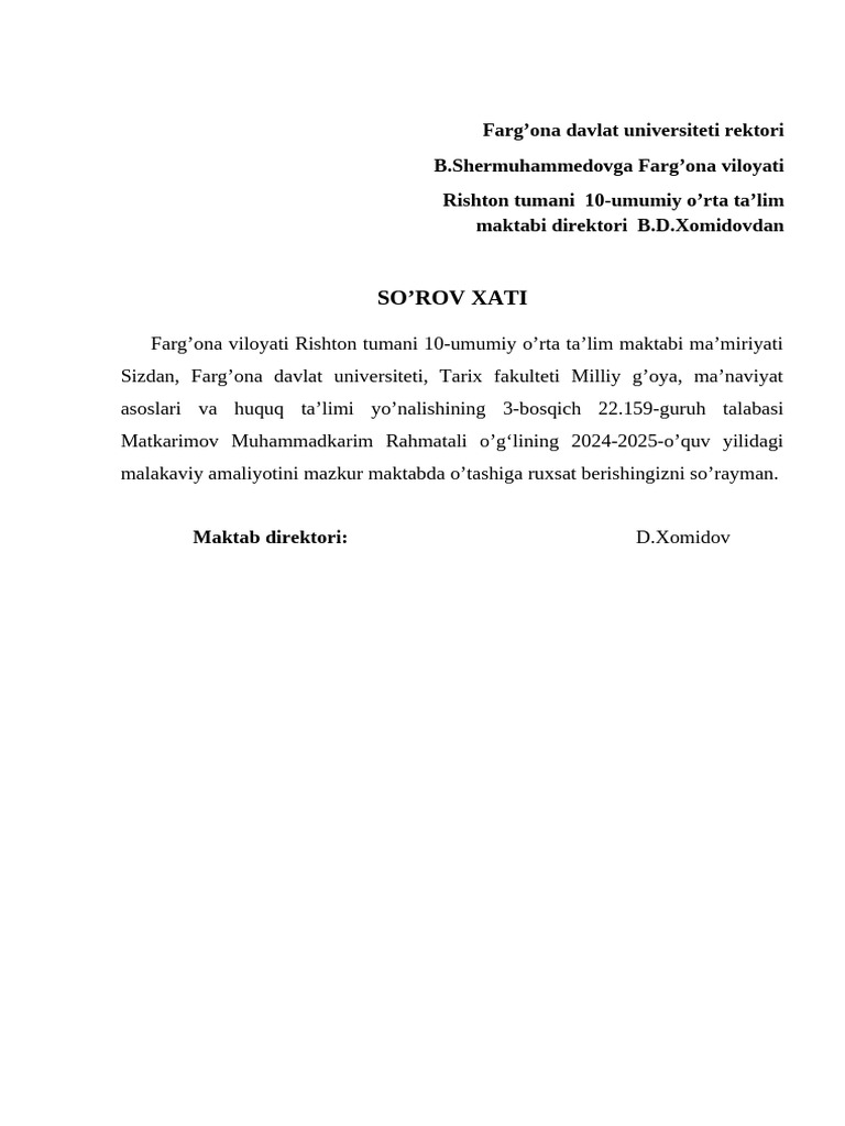 Matkarimov So'Rov Xati | PDF