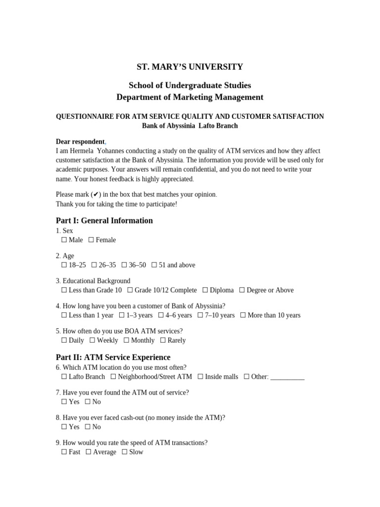 Hermela Questionnarrie 1 | PDF | Customer Satisfaction | Chess