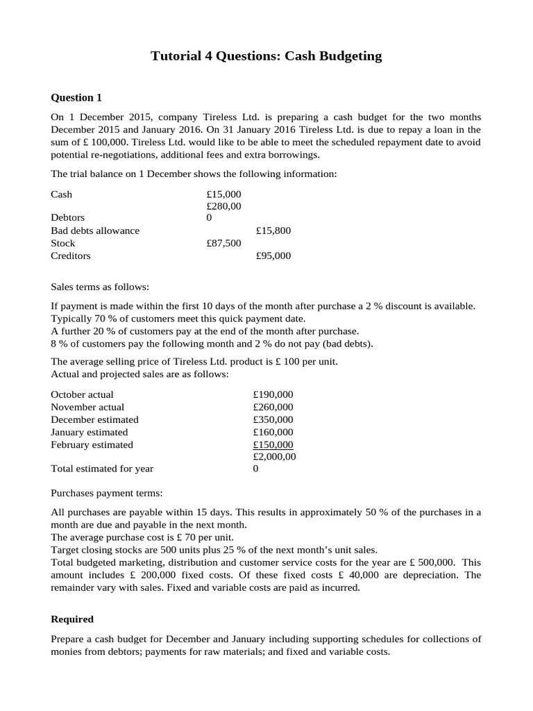 Cash Budgeting Tutorial Questions | PDF | Debt | Money