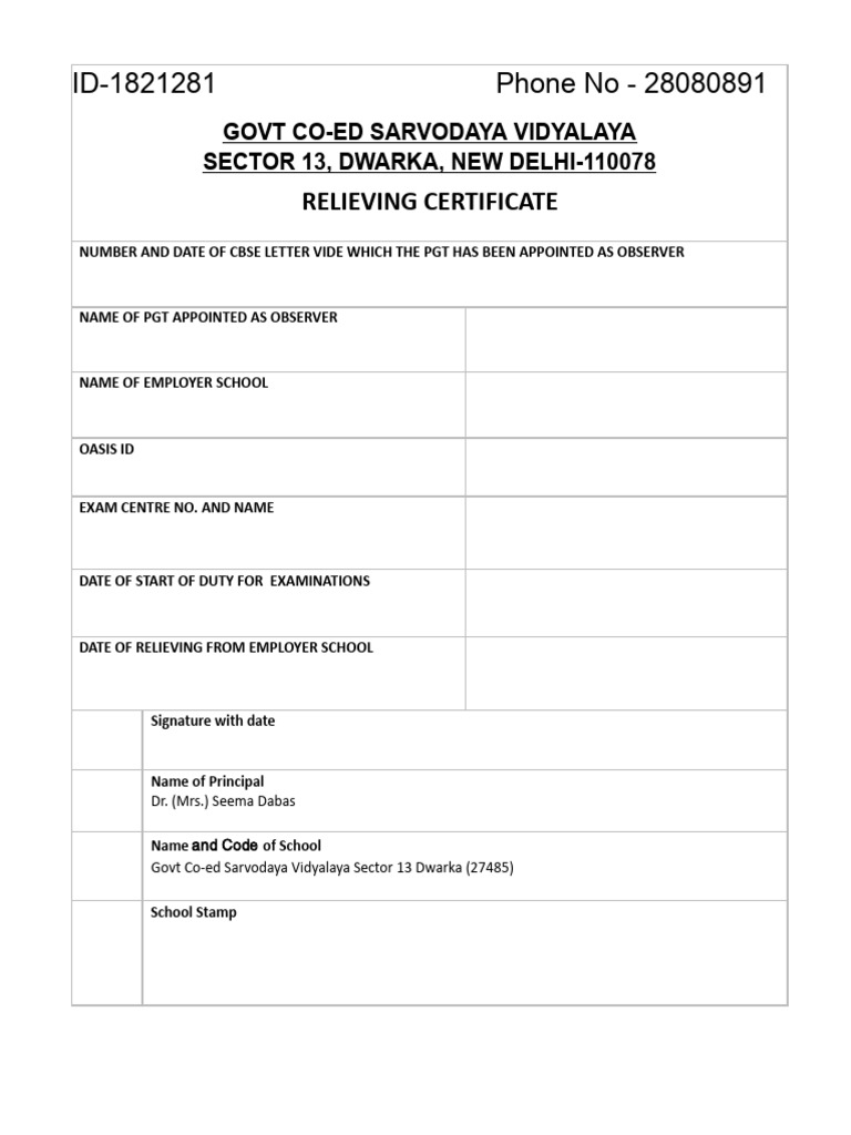 Relieving Certificate for PGT Observer | PDF