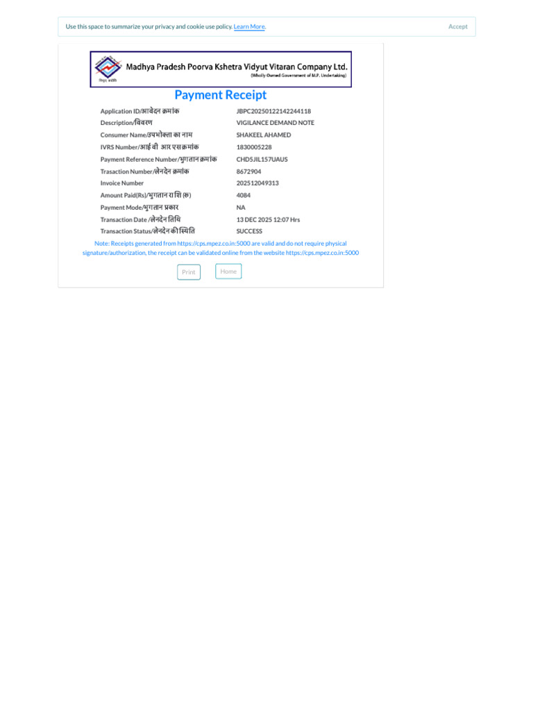Payment Receipt for Vigilance Demand Note | PDF