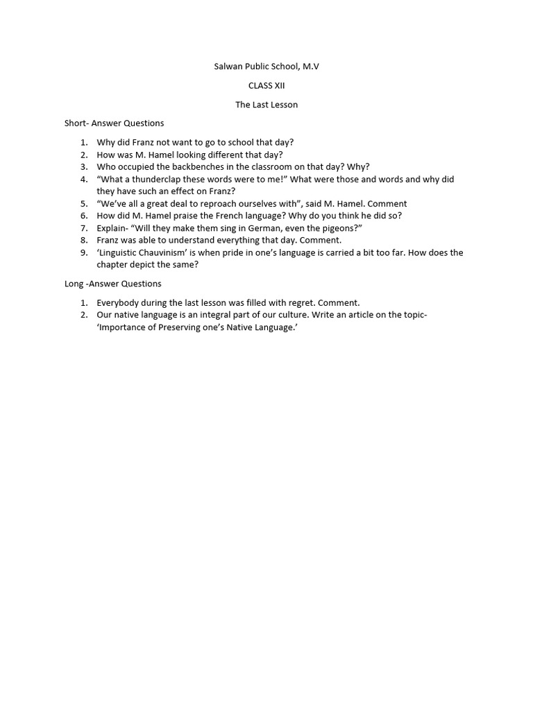 The Last Lesson Questions | PDF