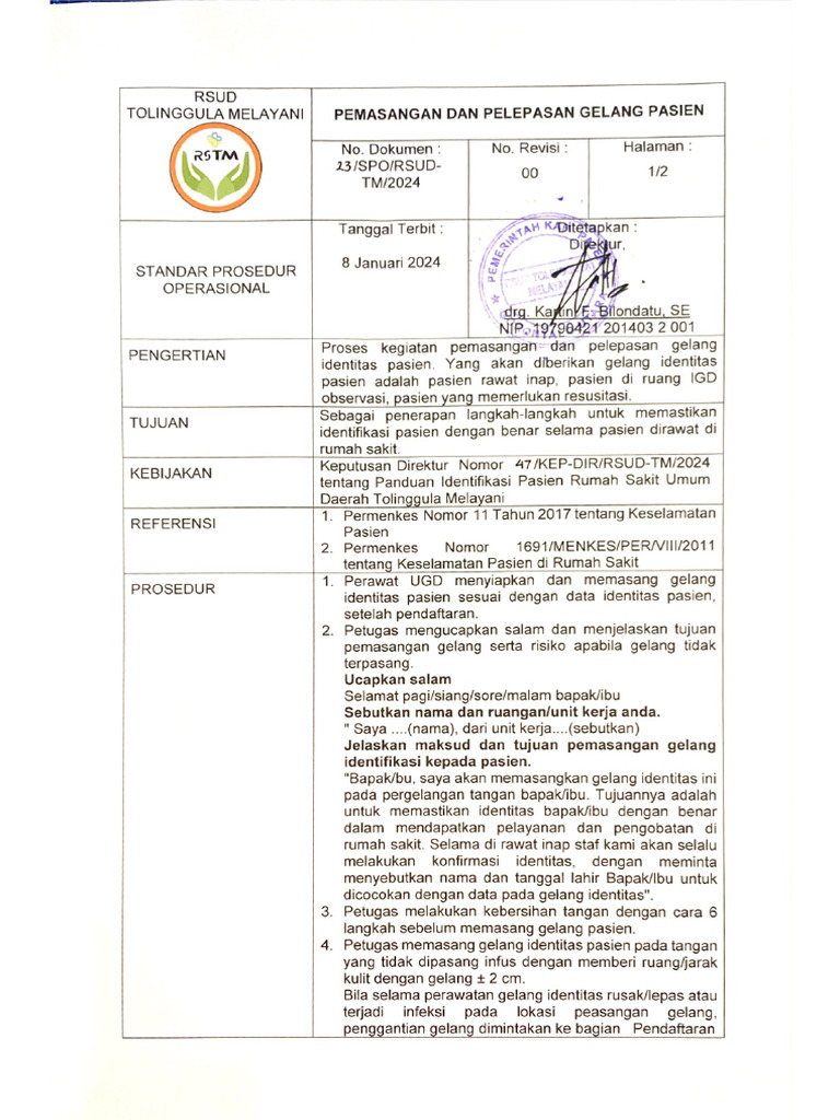 Skp 1.1 Spo Pemasangan Dan Pelepasan Gelang Identiitas | PDF