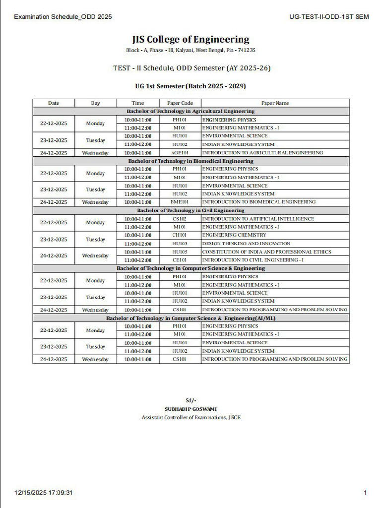 Internal II Schedule For 22-12-2025 | PDF
