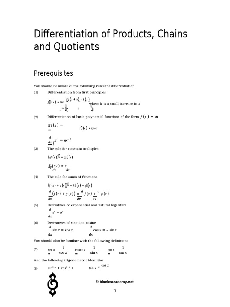 Differentiation of Products Chains and Quotients | PDF | Trigonometric ...