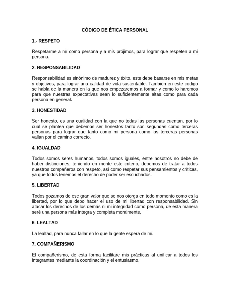 Código de Ética Personal: Valores Clave | PDF